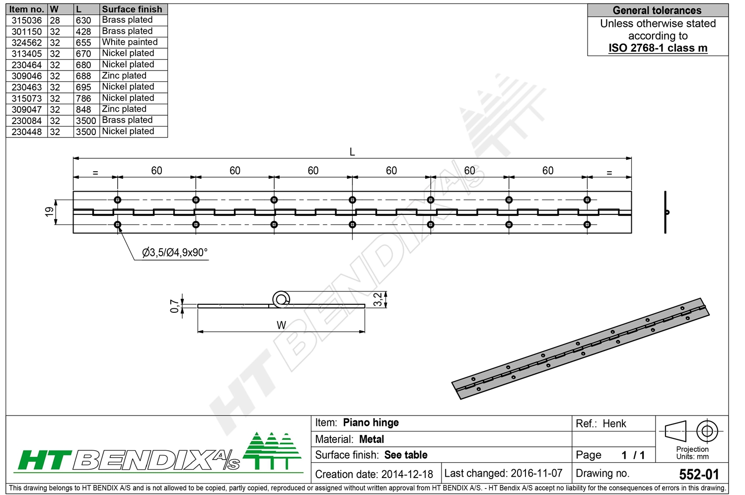 Piano hinge in steel 695x32 mm - for corner gates and covers.